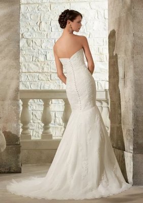 Strapless Satin Fit And Flare Wedding Gown Hollow Thin Gauze Exposes Fair Skin