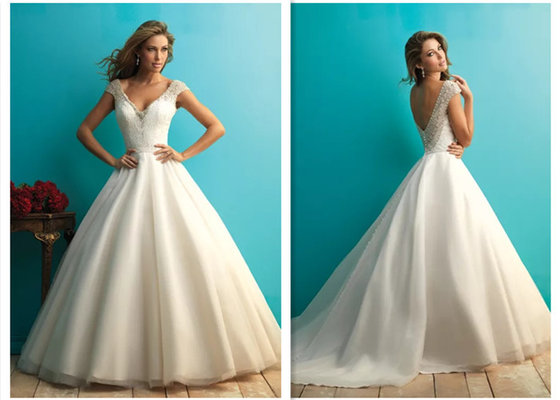 Custom Made Plus Size Ball Gown Wedding Dresses / Sheer Lace Ballroom Wedding Dresses