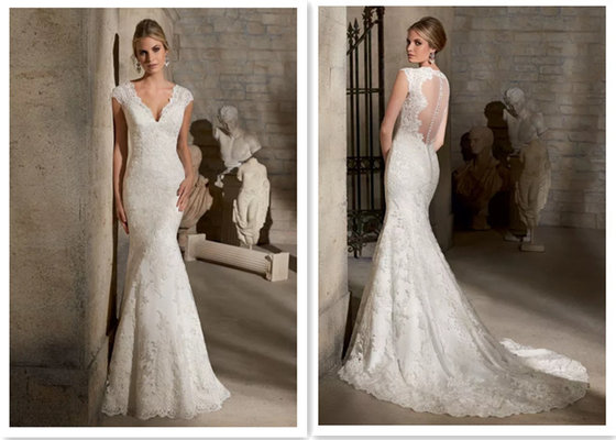 3D Embroidered Fit And Flare Wedding Dress , Luxury Fit And Flare Ball Gown