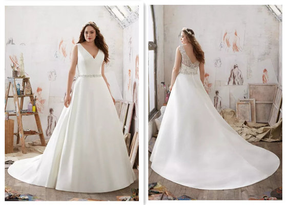 Long Train Satin A Line Style Wedding Dresses With V - Neck Customized Size