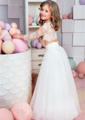 V Neck Long Sleeve Sparkly Flower Girl Dresses For Little Girl A Line Style
