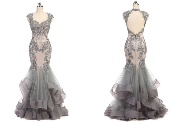 Appliqued Off Shoulder Gray Prom Dresses / Embroidered Simple Prom Dresses