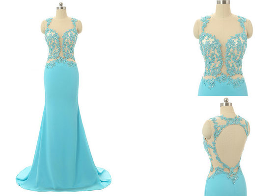 See Through Back Prom Evening Gowns Applique Long Patterns Special Occasions