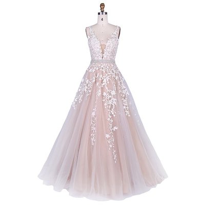 Real Picture Peach Prom Evening Gowns With V Applique CZ Diamond Decoration