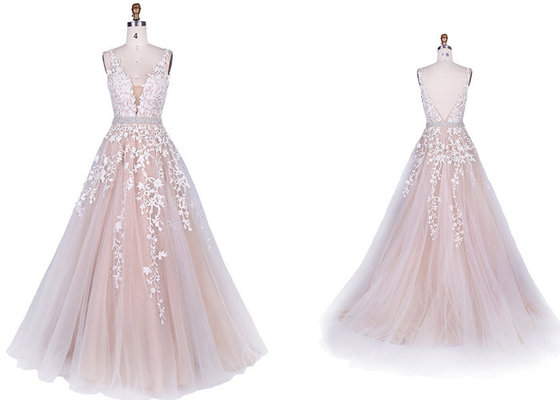 Real Picture Peach Prom Evening Gowns With V Applique CZ Diamond Decoration