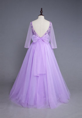 Violet Tulle Prom Evening Gowns With Long Sleeve Low Cut Back Designs