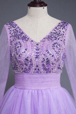 Violet Tulle Prom Evening Gowns With Long Sleeve Low Cut Back Designs