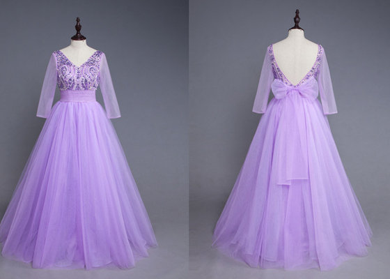 Violet Tulle Prom Evening Gowns With Long Sleeve Low Cut Back Designs