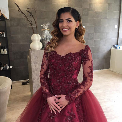 Elegantly Red Lace Prom Dress / Luxury Long Sleeve Short Prom Dresses