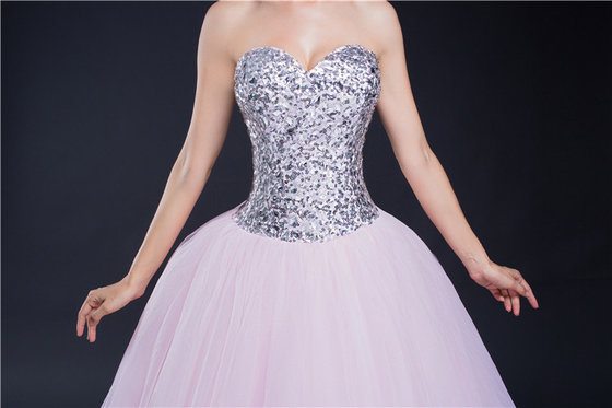 Long Pink Prom Evening Gowns With Strapless Crystal Beading Decoration