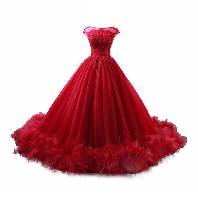 Fashion Embroidered Red Prom Dress / Tulle Big Tail Beautiful Prom Dresses