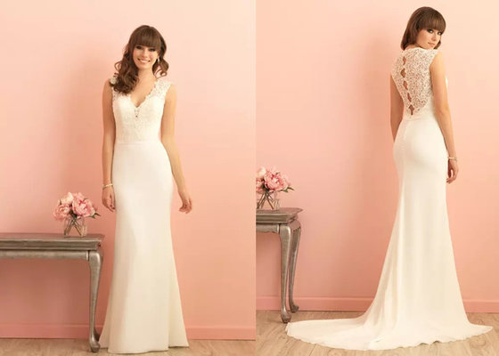 See Through Corset Champagne Sheath Wedding Dress With Open Back Appliqued Elestic