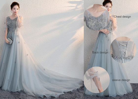 Custom Made Powder Blue Bridesmaid Dresses , Elegant Long Lace Bridesmaid Dresses