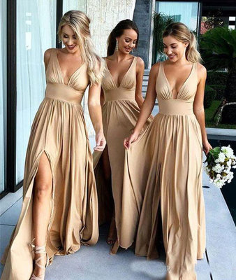 Floor Length Champagne Bridesmaid Dresses / Crystal Silk Bridesmaid Dresses