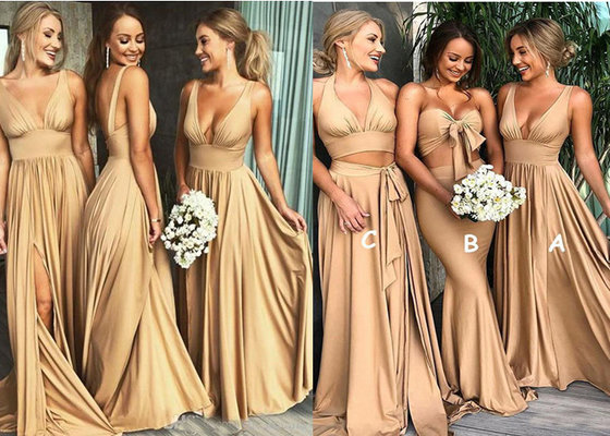 Floor Length Champagne Bridesmaid Dresses / Crystal Silk Bridesmaid Dresses