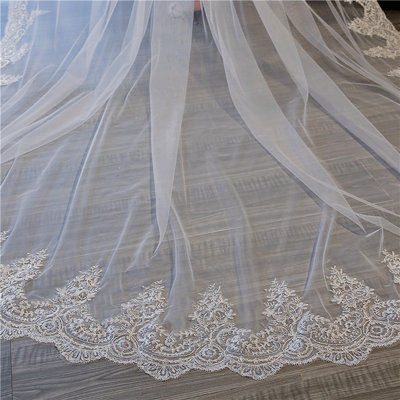 2T Long Lace Veil Bridal Gown Accessories With Machine And Handmade Embroidery