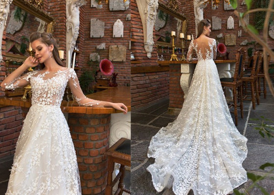 Cup Sleeve Lace Ladies Wedding Dresses With Fishtail Floor Length Hemline