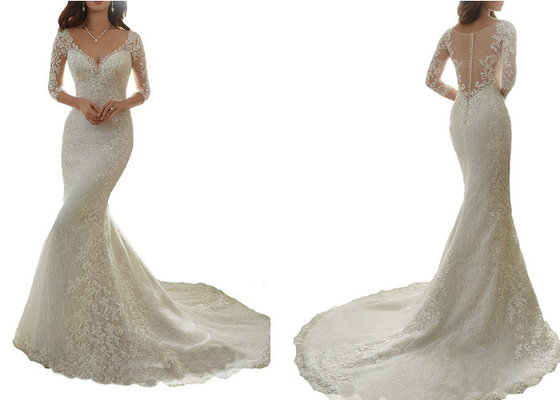 Custom Made V Neck Long Sleeve Mermaid Style Wedding Dress For Beautiful Woman