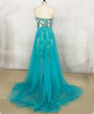 Appliqued Beaded Tulle Sweetheart Column Fitted Wedding Dresses , Detachable Prom Dresses