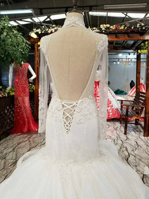 High-end Wedding Dress Perspective from European and American High-collar Fishtail Sexy Belt with Tail and Long Sleeve