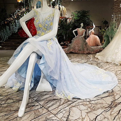 Pale blue with clear shoulders and small trailing tails for luxury court evening dresses