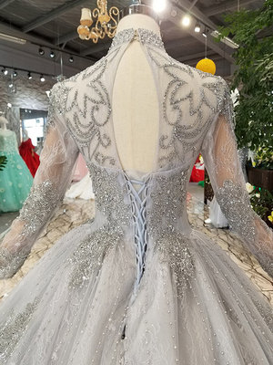 New customized high-collar high-class grey crystal tail banquet hosts luxury long-sleeved wedding dress