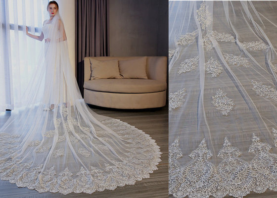 2T Long Lace Veil Bridal Gown Accessories With Machine And Handmade Embroidery