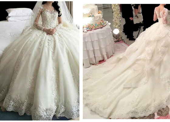 Fashion Bride Wedding Clothes , Lace Shoulder Length Sleeves Wedding Dresses For Womens