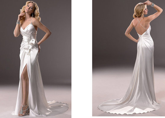 Spaghetti Strap V Neck Fit And Flare Wedding Gown Beaded Pleated Train Bridal Dresses