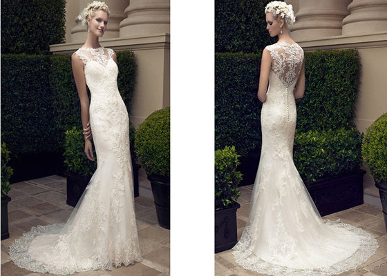 Long Style Custom Made Fit And Flare Wedding Gown , White Lace Prom Dress