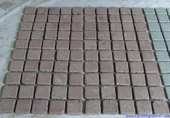 China cheap grey granite G603 paving stone / cube / cobble stone on mesh