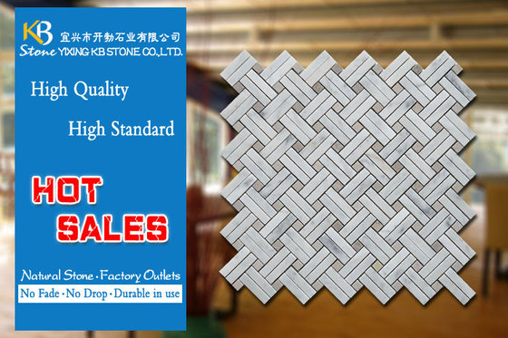 Polished Bianco Carrara White Basketweave Marble Wall Tile Mixed Beige Dots