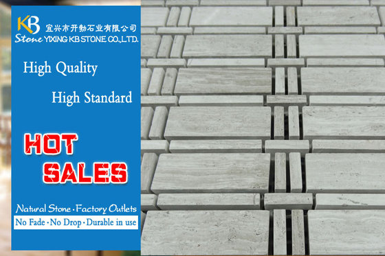 Pool Strip Wooden Grey Marble Mosaic Tiles Fiber Mesh Mounted On