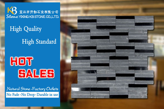 Tumbled Surface Strip Pure Black Marble Mosaic Tiles Polished 10mm Thickness