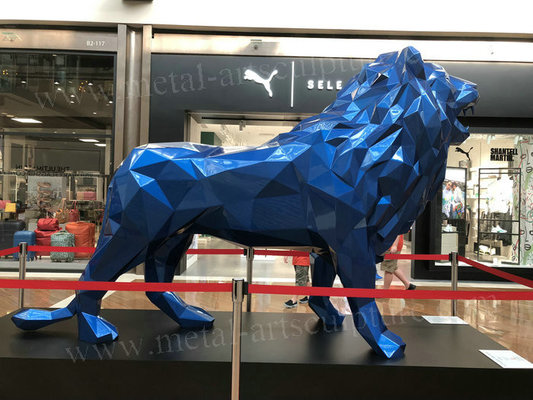 Blue Metal Animal Sculptures , Customized Metal Lion Statue With 100% Hand Carved