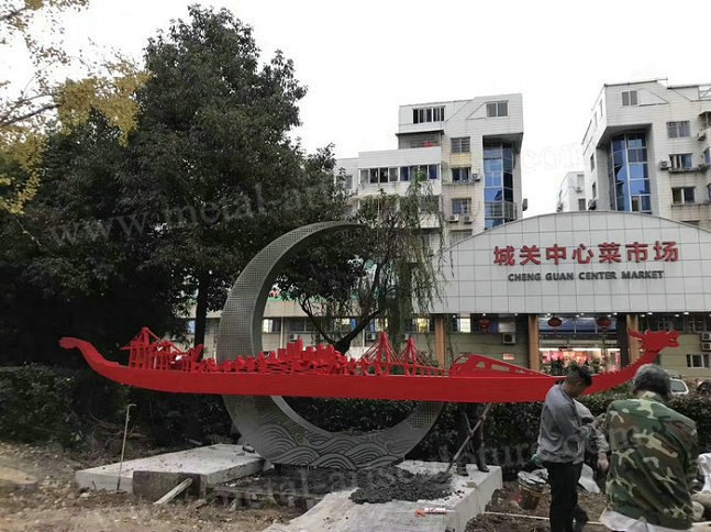 Dragon Boat Stainless Steel Sculpture Chinese Artistic Metal Work For Public Center Decor