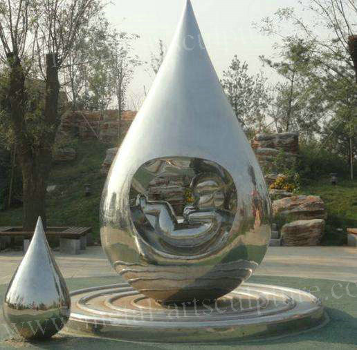 Metal Garden Art Sculpture Water Droplets With Baby Idea Design In Polished Surface