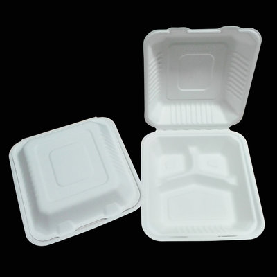 8" 3 Compartment Biodegradable Clamshell Sugarcane Fiber Compartment Bento Lunch Box