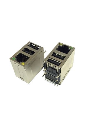 Modular RJ45 Jack  Over Dual USB2.0, built-in  LED, shielded, Tab-up