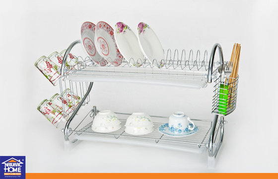 Chrome Wire 2 Layer Dish Rack Home Kitchenware Cup Rack , Chopstick Rack and 1 pc Water Tray