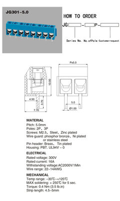 pcb wire protector terminal blocks pin header brass tin plated, wire guard strainless steel  JG301-5.0