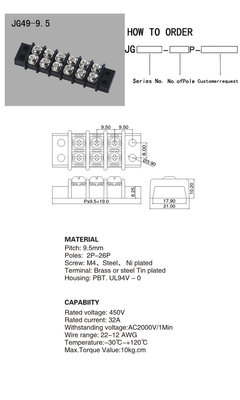 barrier terminal block, housing PA66 UL 94-0, terminal brass. 0.8t, tin plated JG49-9.5