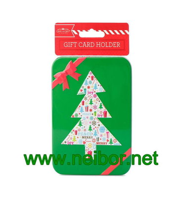 Rectangular shape tin gift card holder with hanging card bag