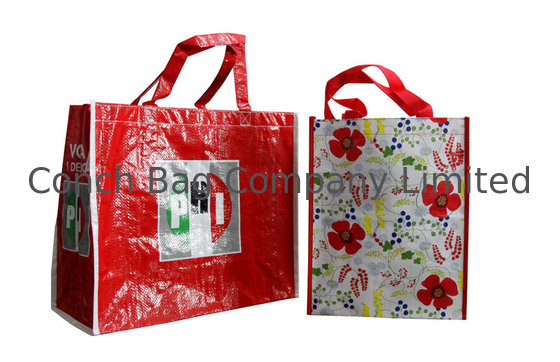 OEM Waterproof PRI Red Woven PP Shopping Bags With White Binding Edge