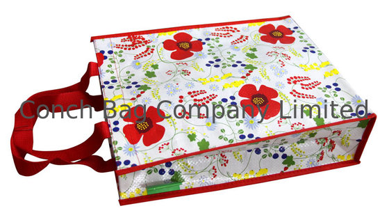 Waterproof 140g Red Flower Shining PP Shopping Bag With Nylon Handle, Customized Logo