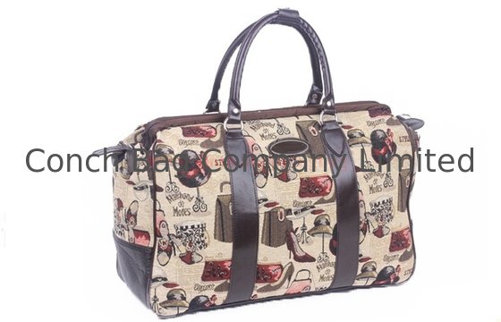 Customized cloth jute PU leather travel bags for lady with two front zippered pockets