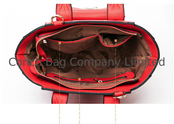 Fashional bright color Red pu leather tote bag for lady with Logo printed
