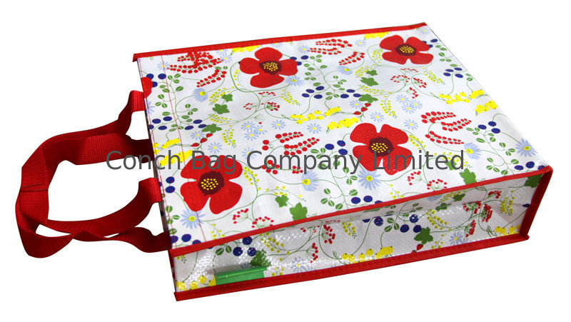 Waterproof 140g Red Flower Shining PP Shopping Bag With Nylon Handle, Customized Logo