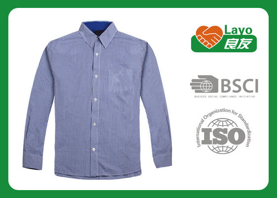 Fast Drying Blue Checkered Shirt Fashion Design 100% Polyester 