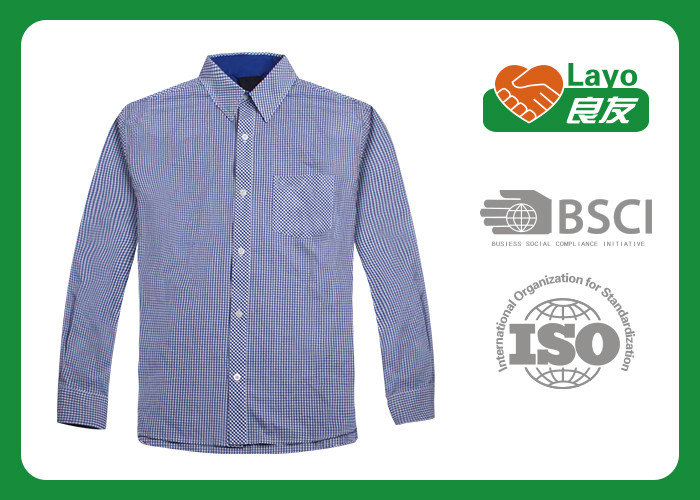 Fast Drying Blue Checkered Shirt Fashion Design 100% Polyester 
